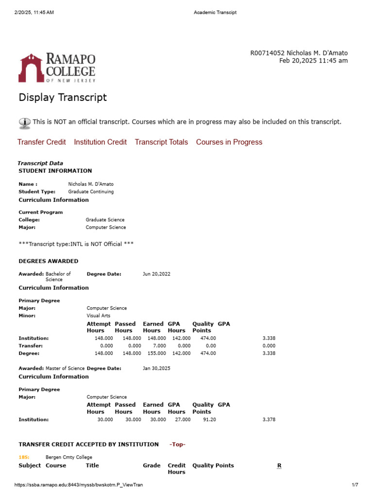 Nicholas D'Amato Unofficial Transcript | PDF | Science | Computing
