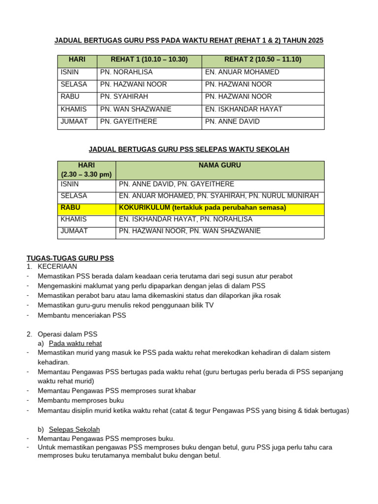 Jadual Bertugas Guru PSS 2025 | PDF