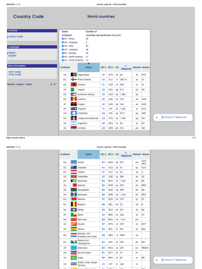 Country Code List - World Countries | PDF