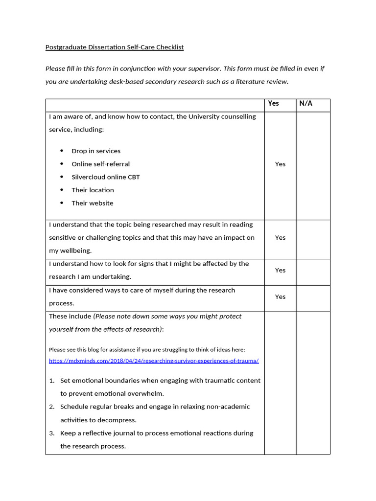 PG Dissertation Self Care Checklist | PDF | Mental Health | Psychology