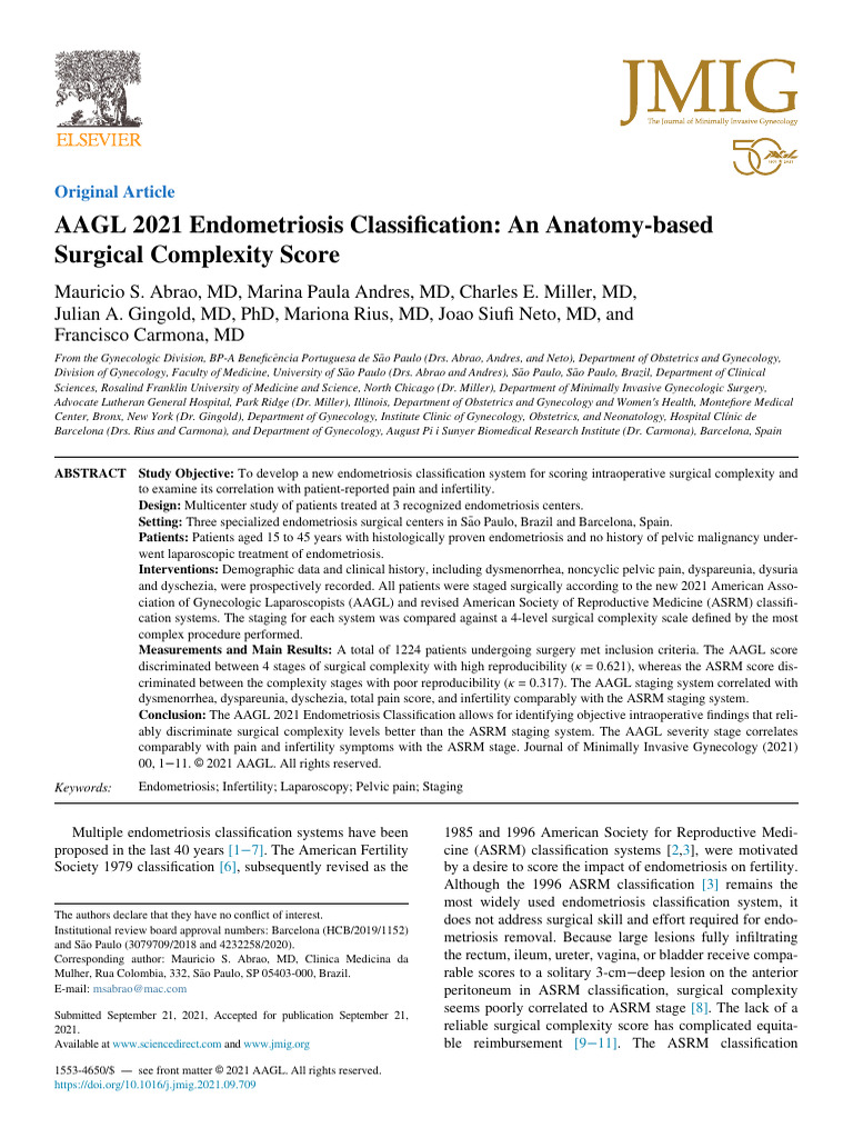 AAGL 2021 Endometriosis Score System | PDF | Receiver Operating ...