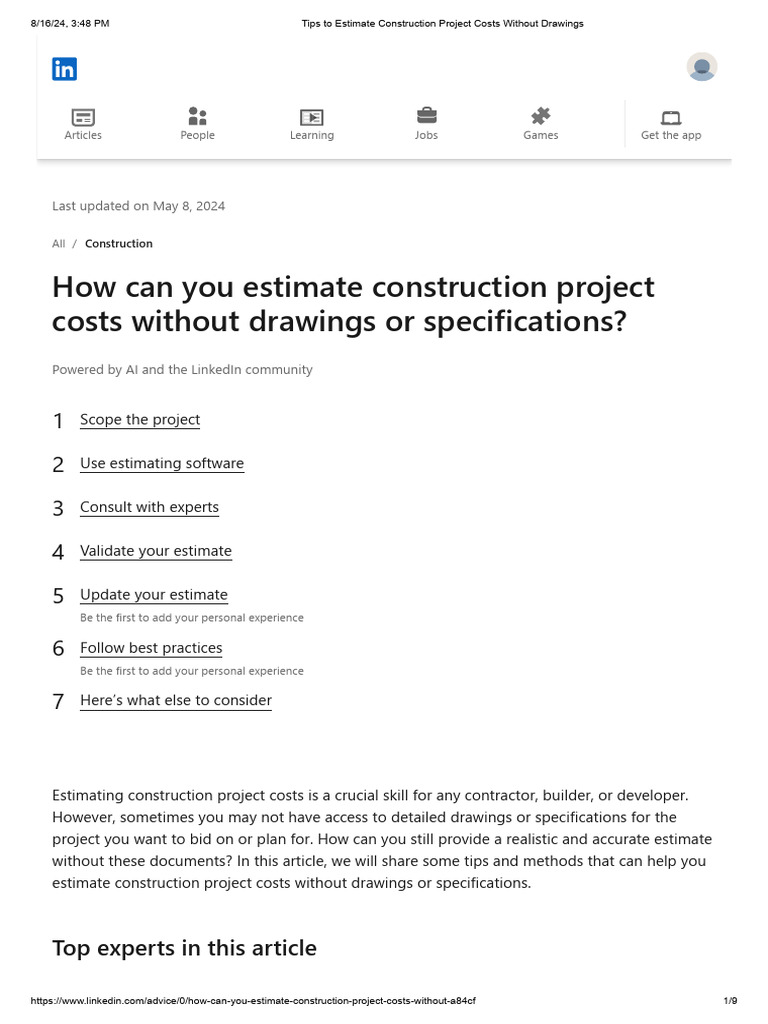 Tips To Estimate Construction Project Costs Without Drawings | PDF ...