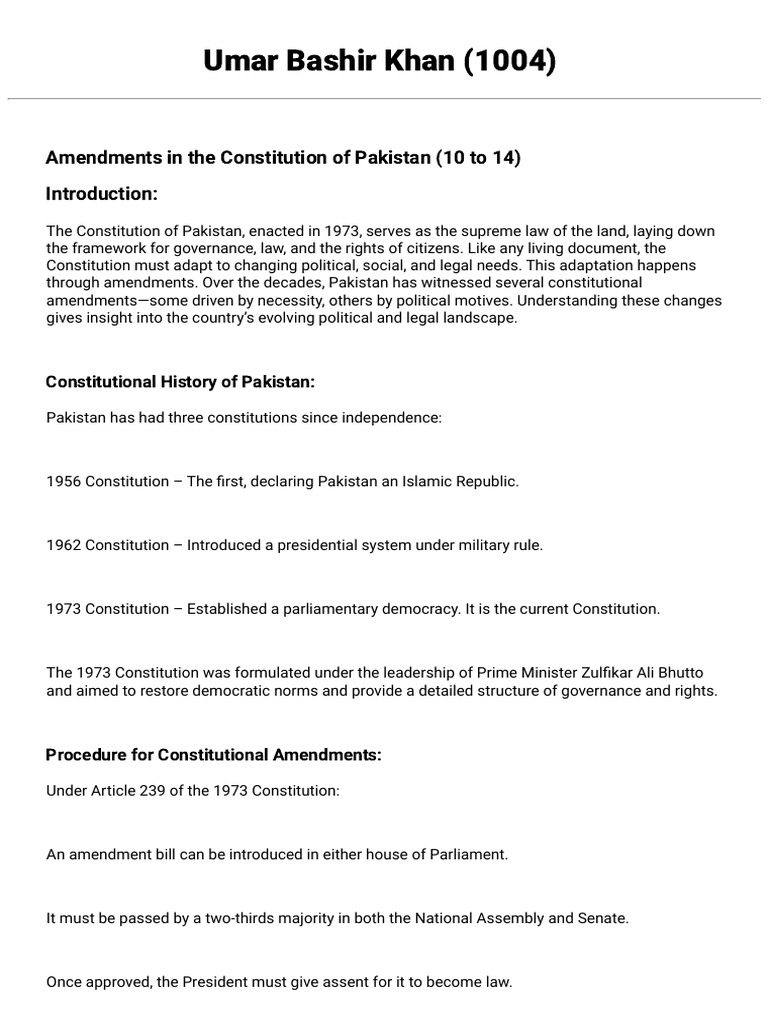 Umar Bashir Khan (1004) : Amendments in The Constitution of Pakistan ...
