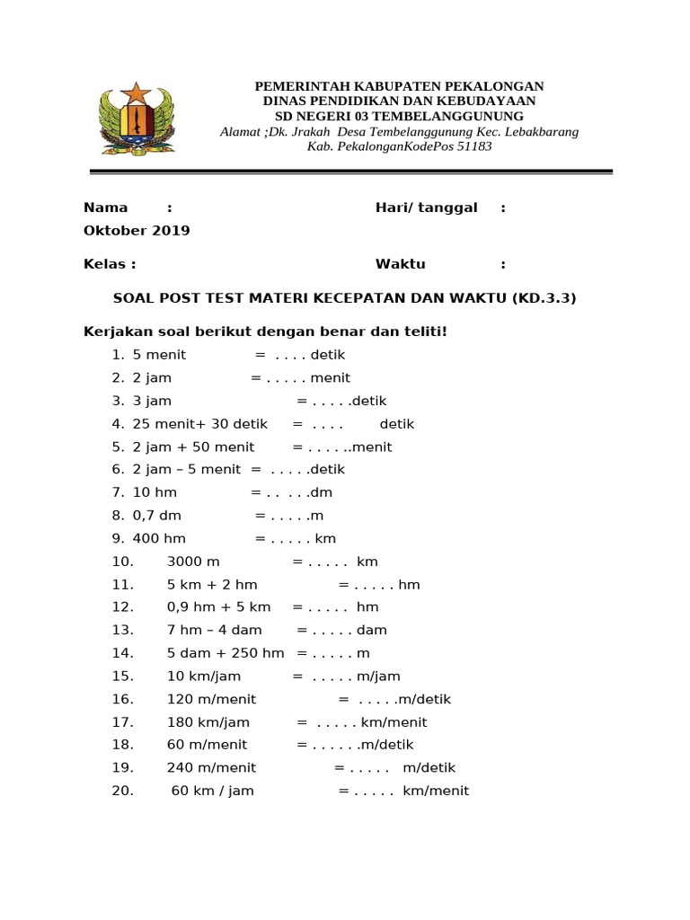 Soal Post Test Kecepatan dan Debit | PDF
