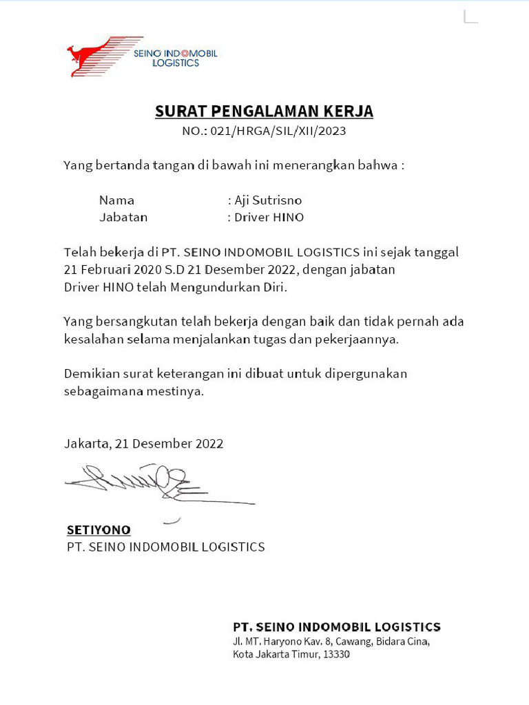 Aji Sutrisno - Pt. Seino Indomobil Logistics | PDF
