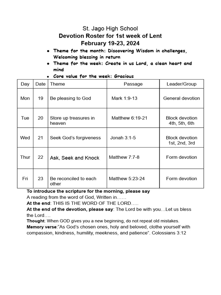 Devotion Roster For February 19-23, 2024 | PDF