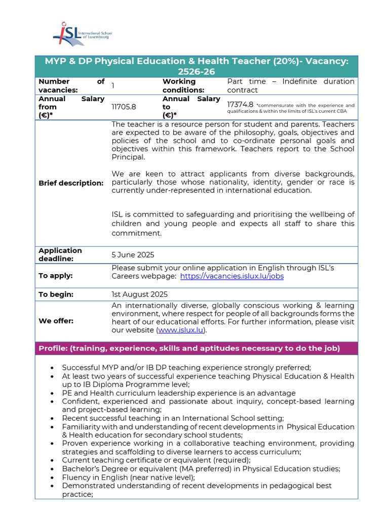 MYP & DP PE Teacher Vacancy Announcement | PDF | Learning | Teachers