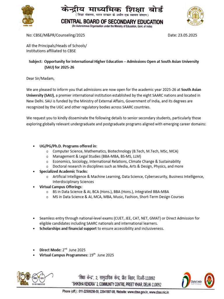 Circular230525 SAUAdmissions | PDF | Master Of Science | Artificial ...