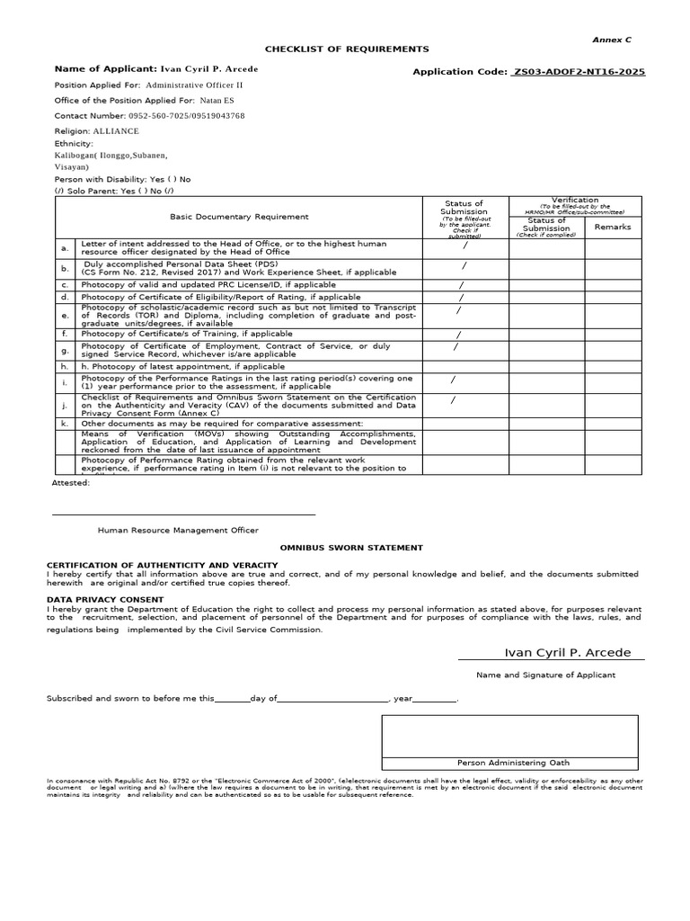ANNEX-C-Checklist-of-Requirements-and-Omnibus-Sworn-Statement VCC' | PDF
