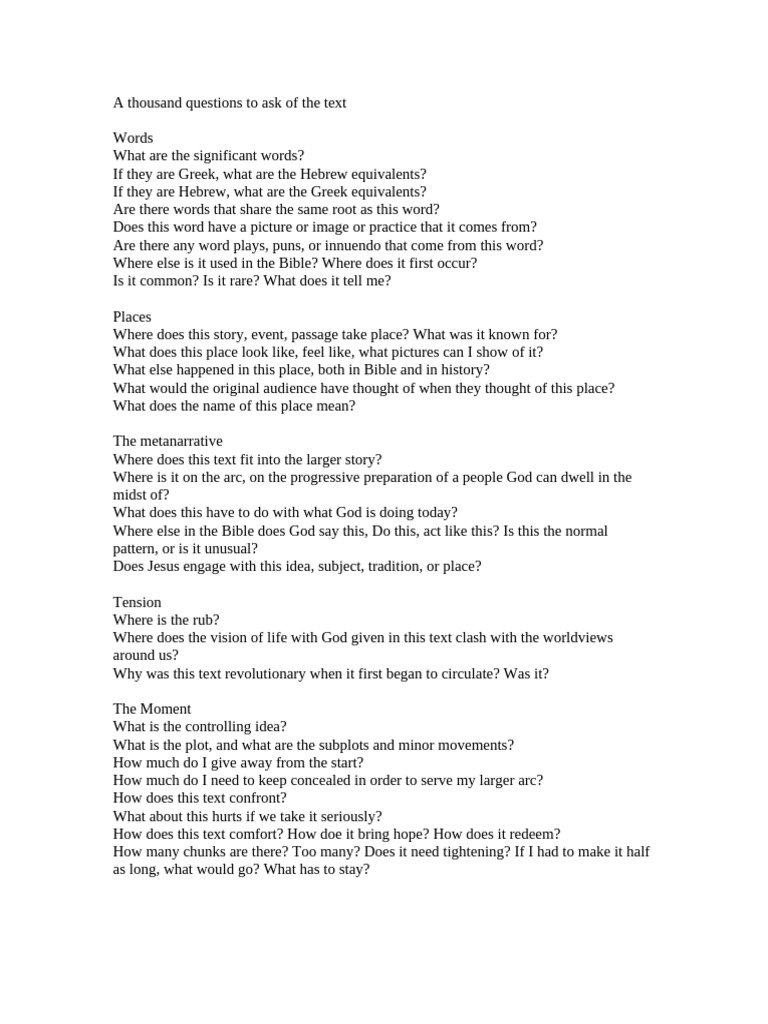 A Thousand Questions To Ask of The Text 1 | PDF | Bible