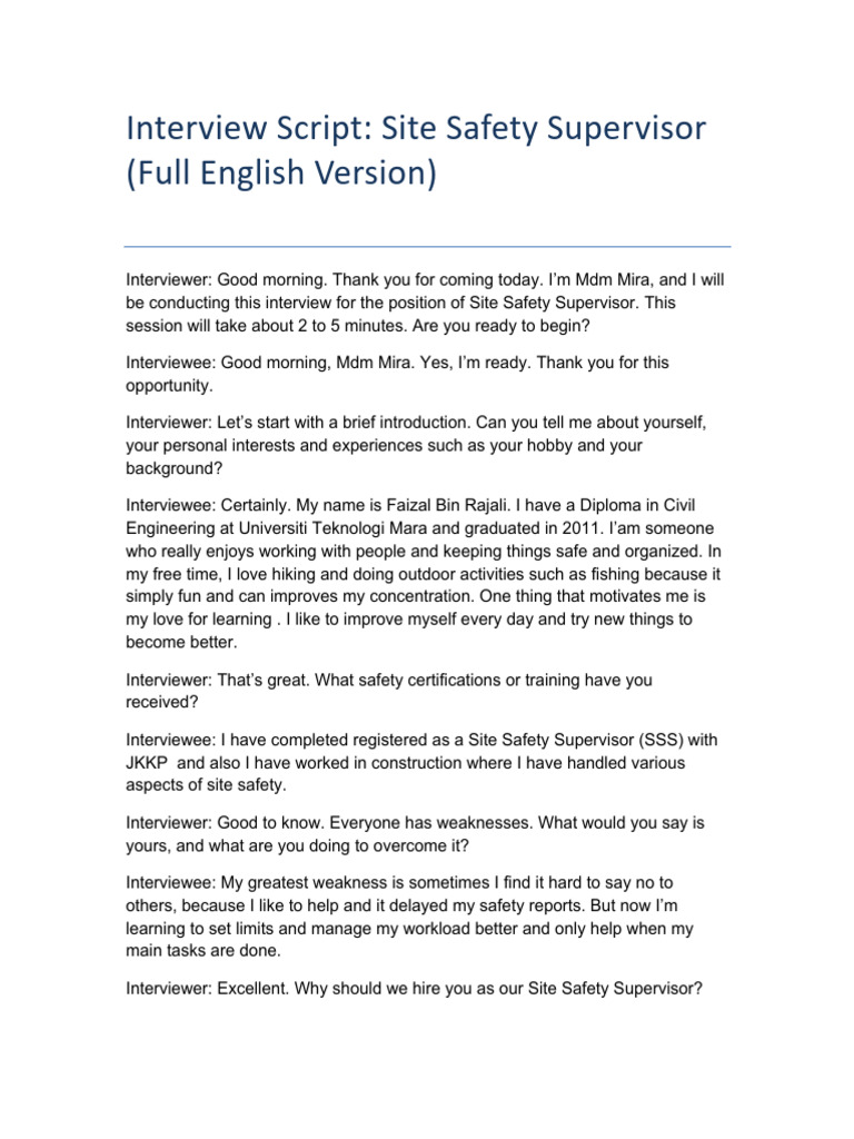 Interview Script Site Safety Supervisor English | PDF