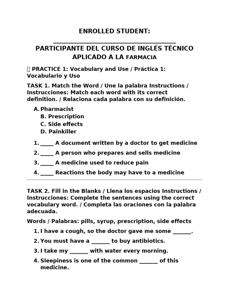 PRACTICE 1 Vocabulary and Use Práctica 1 Vocabulario y Uso | PDF