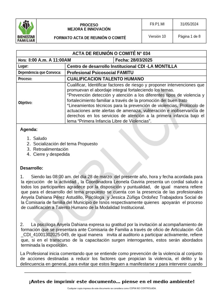 ACTA No. 034 - PREVENCION DE VIOLENCIAS - RUTAS DE ATENCION - CARACTERIZACION TH CDI MI MUNDO ...