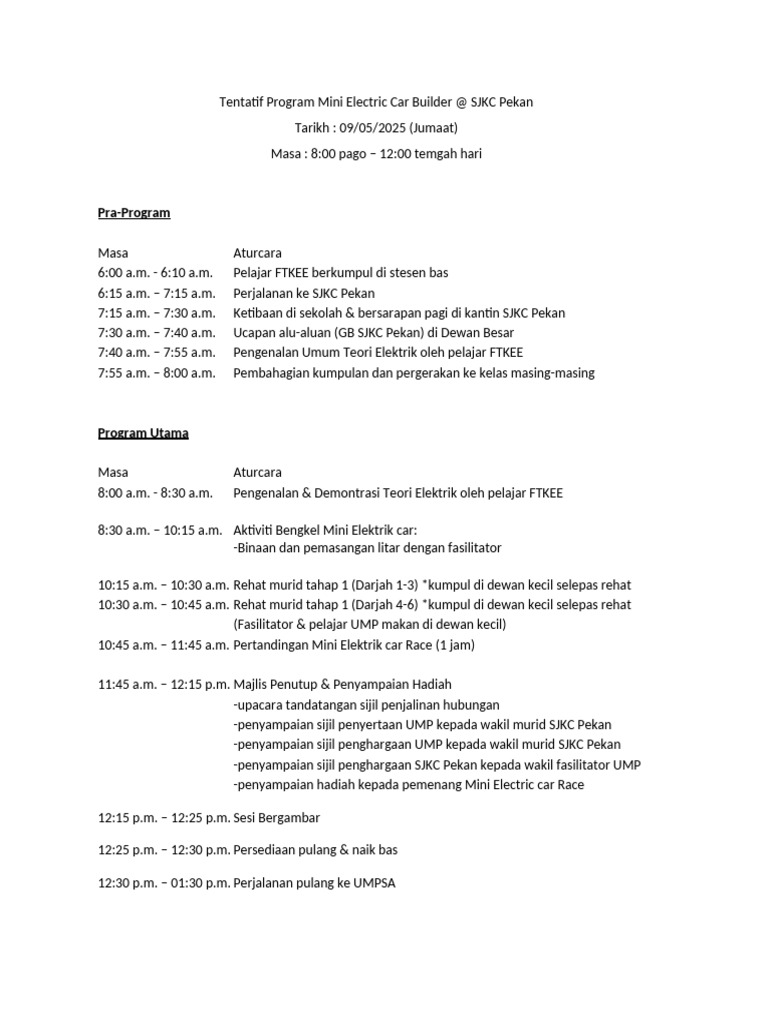 Tentatif Program Mini Electric Car Builder at SJKC Pekan | PDF