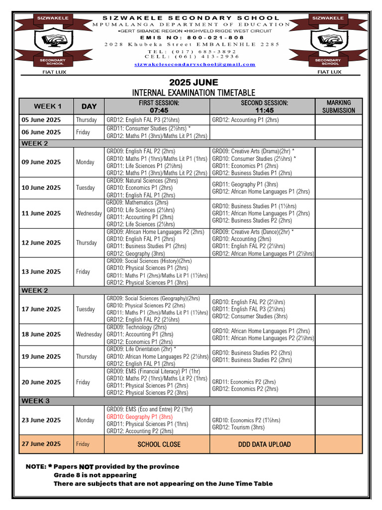 2025 June Exam Time Table | PDF