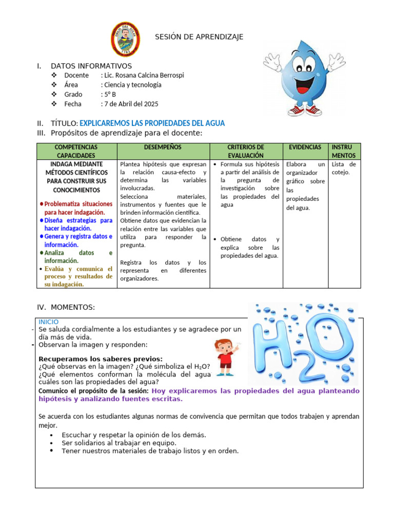 SESIÓN - CyT - PROPIEDADES - DEL - AGUA 6 DE ABRIL | PDF | Propiedades del agua | Agua