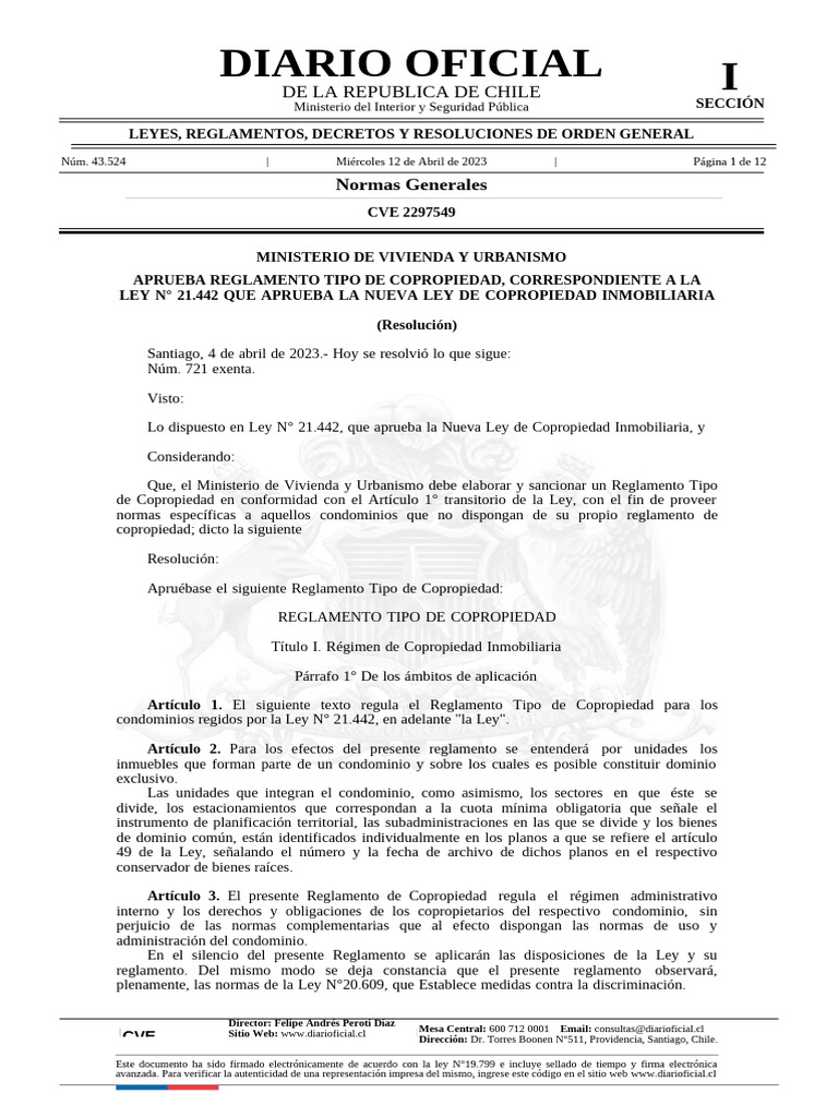 Reglamento Tipo de Copropiedad Ley 21.442 | PDF | Condominio | Propiedad