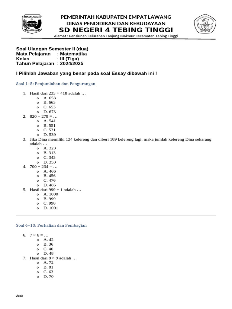 Soal Matematika Kelas 3 Semester 2 | PDF