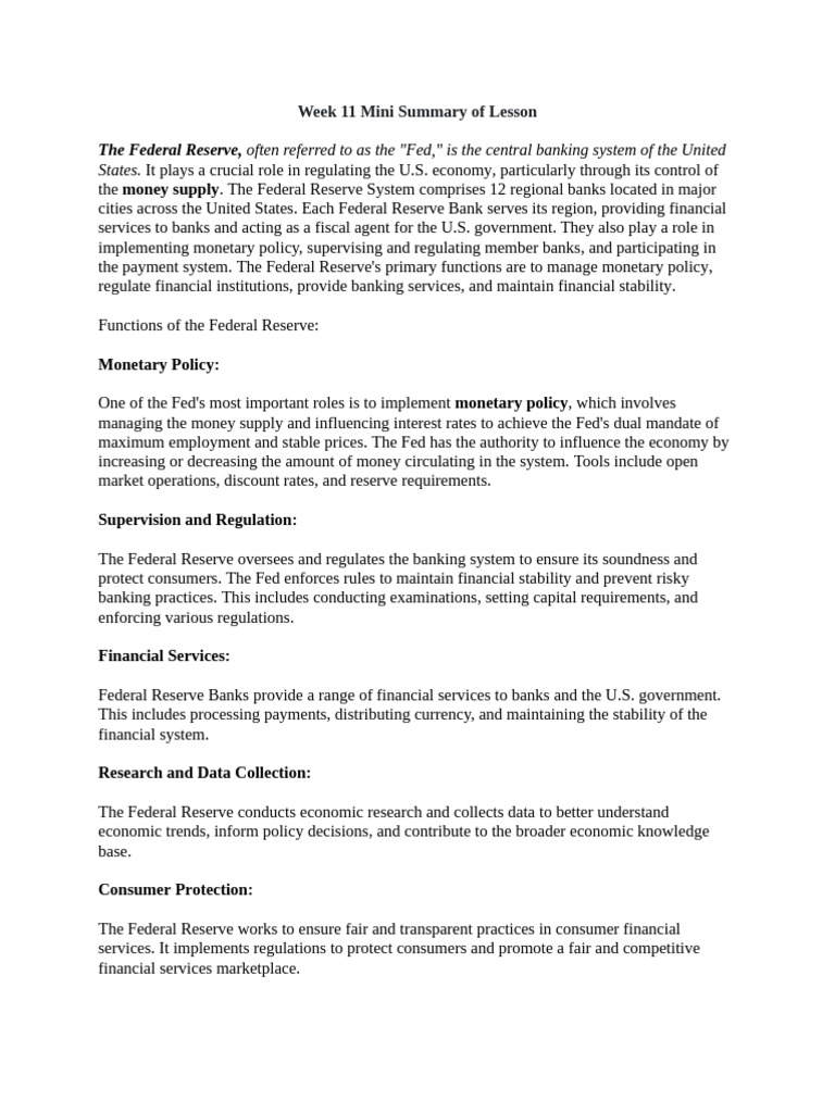 Week 11 Mini Summary of Lesson | PDF | Federal Reserve | Monetary Policy