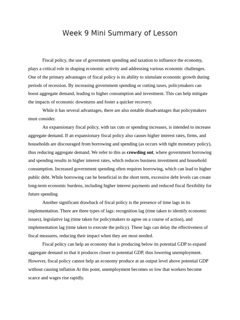 Week 9 Mini Summary of Lesson | PDF | Fiscal Policy | Government Spending