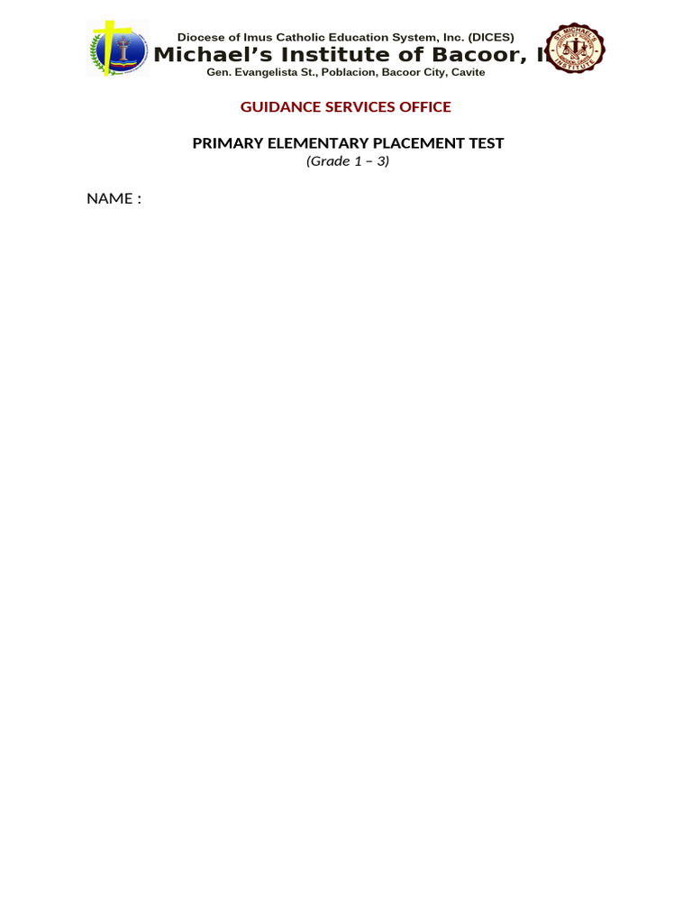 Primary Elementay Placement Test | PDF