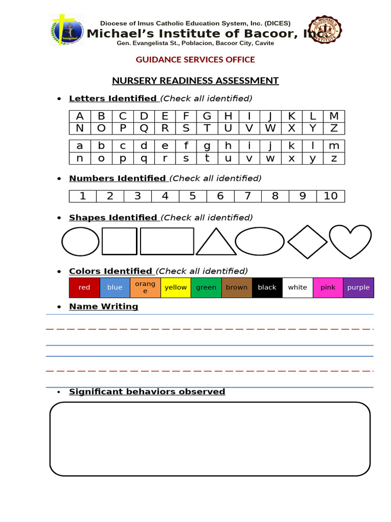 Pre-Elem Readiness Assessment | PDF