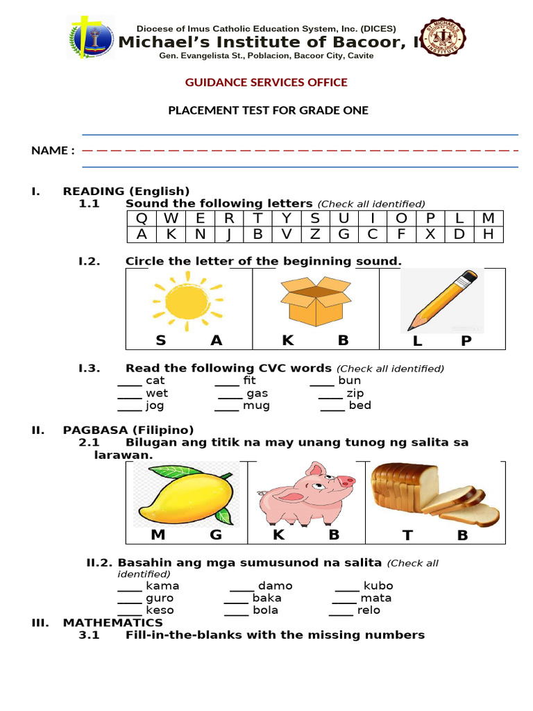 Grade 1 Placement Test | PDF