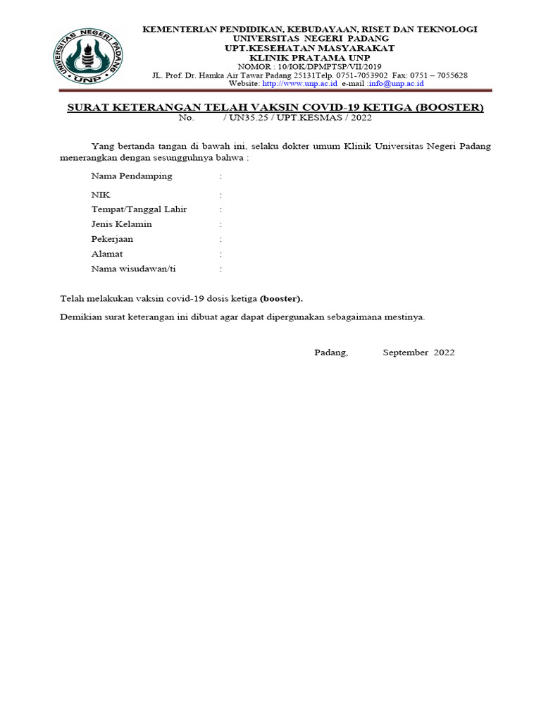 Surat Keterangan Vaksin Booster UNP | PDF