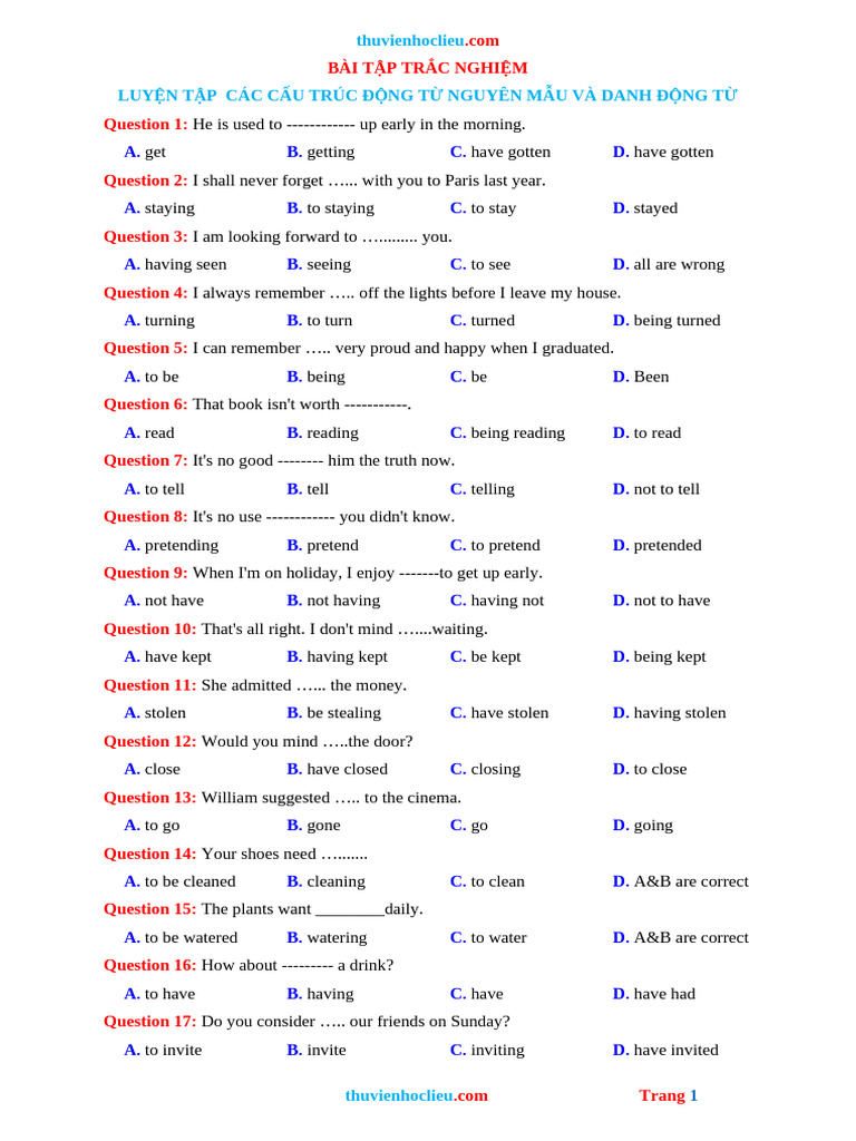 thuvienhoclieu.com-Trac-nghiem-Luyen-tap-Cau-Truc-Dong-Tu-Nguyen-Mau-Tieng-Anh | PDF