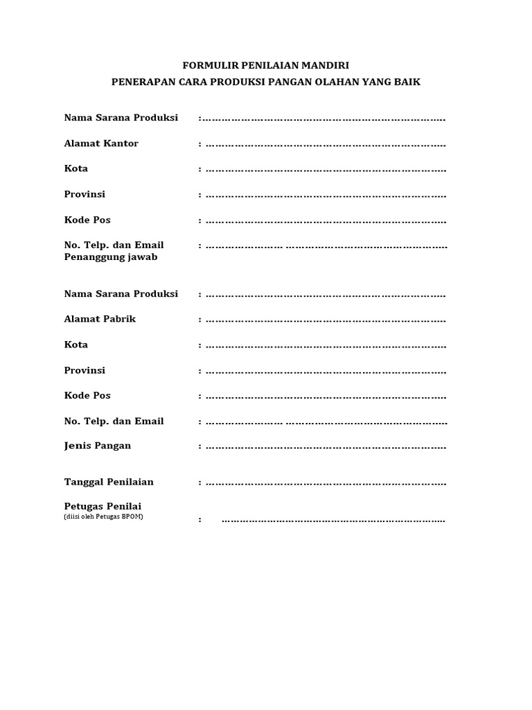 Formulir Penilaian Mandiri Penerapan CPPOB P | PDF
