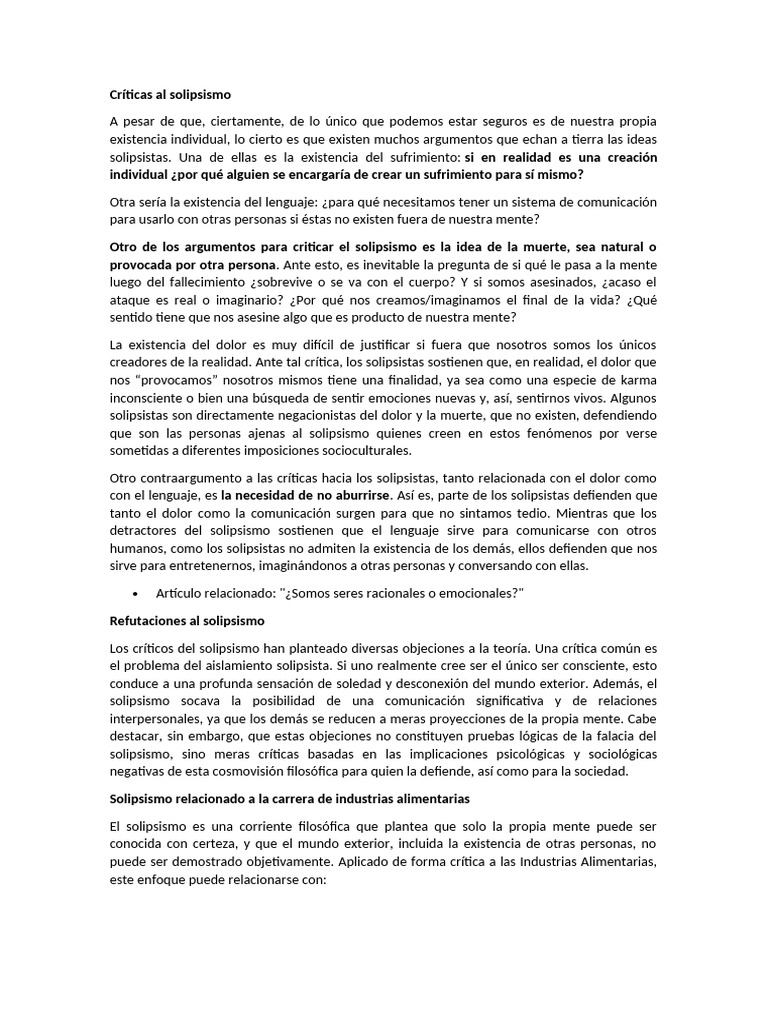 Críticas Al Solipsismo | PDF | Mente | Sufrimiento