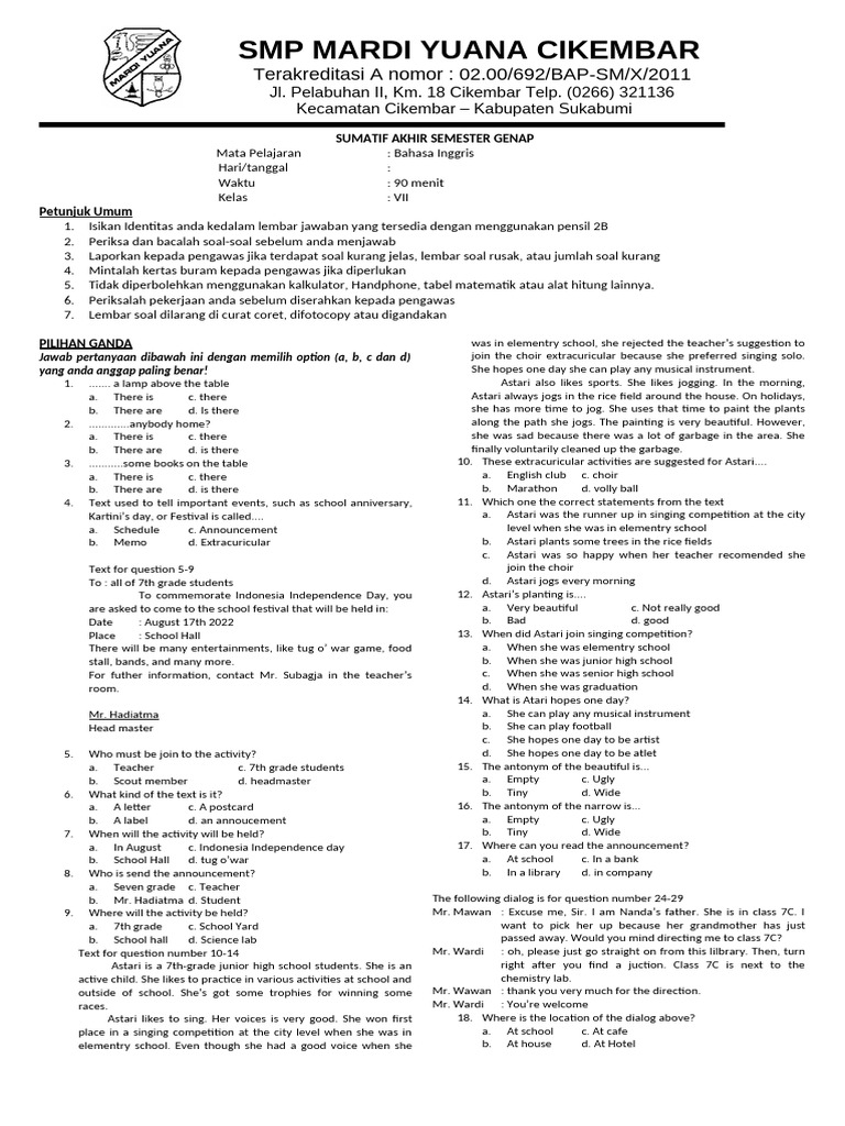 Pas B.ingg Sem 2 Kelas 7 Tahun 2025 - Siswa | PDF