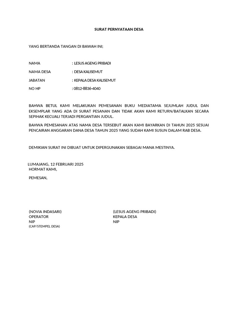 Surat Pernyataan Dana Desa Pak Raga | PDF