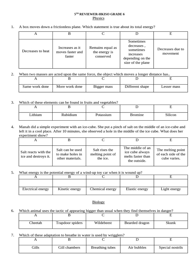 Grade 6 Science Review Questions | PDF | Gases | Force