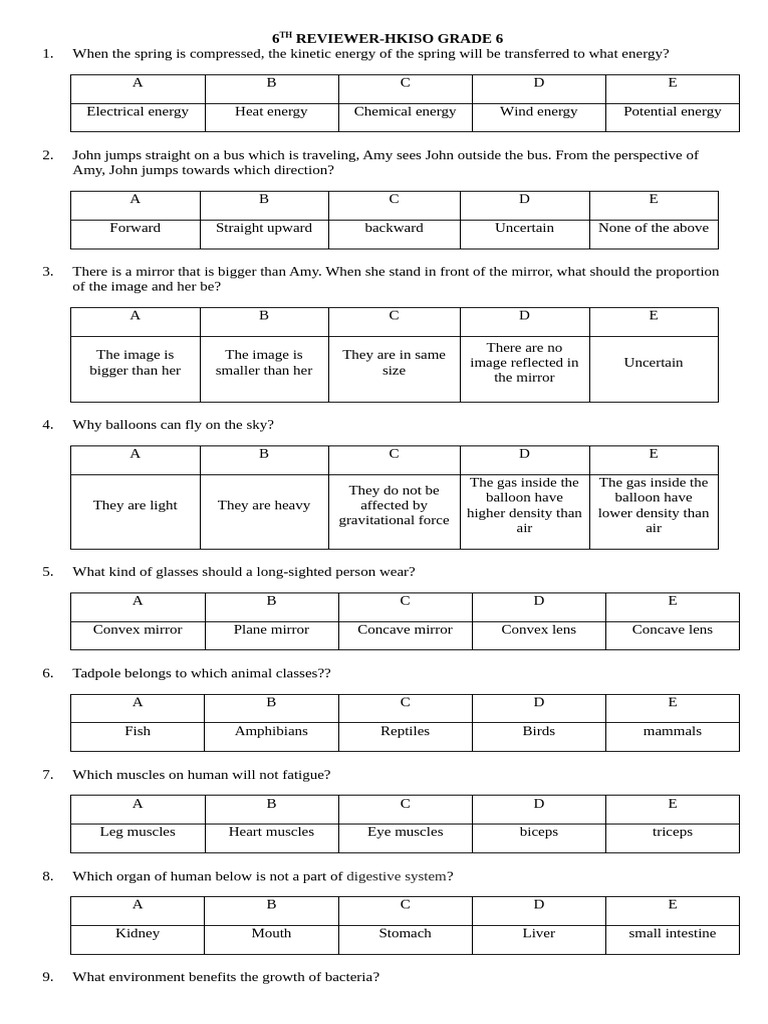 Grade 6 Science Review Questions and Answers | PDF | Water | Chlorine