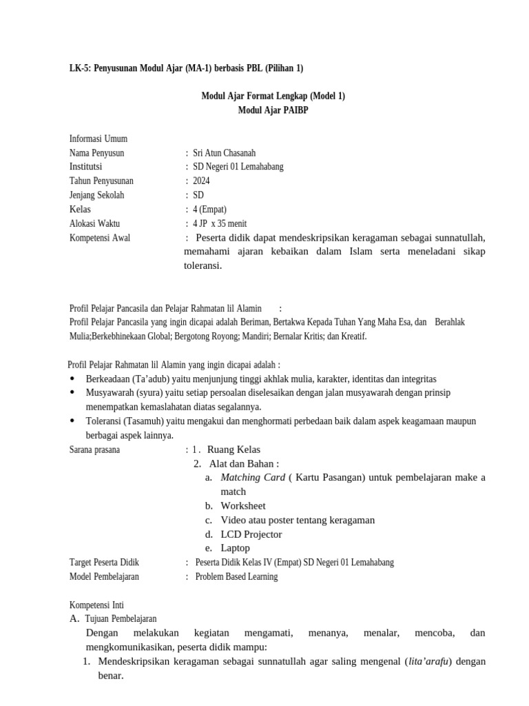 Modul Ajar MA-1 Berbasis PBL Komprehensif | PDF