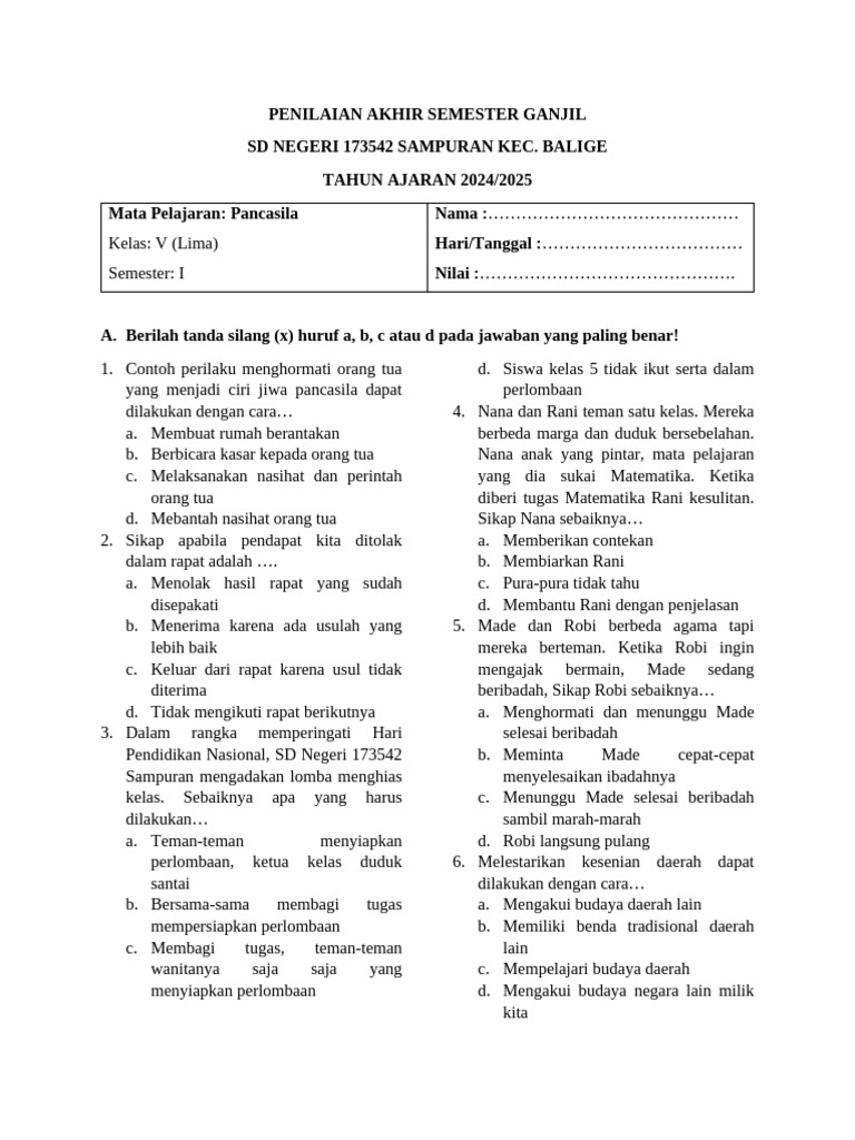 SOAL PAS PANCASILA KELAS 5 SEM 1 | PDF