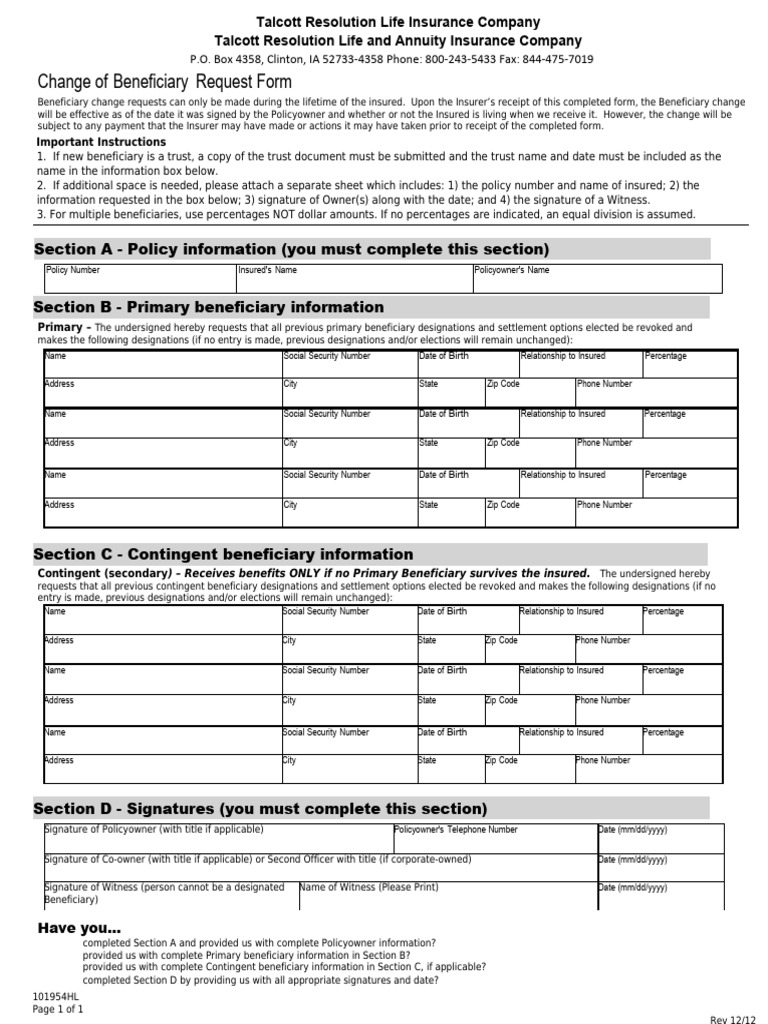 Change of Beneficiary Request Form | PDF | Insurance | Telephone Number