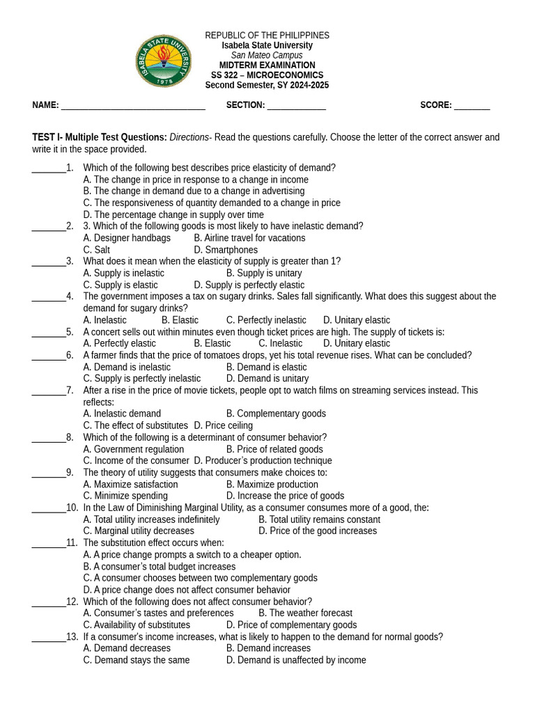 Microeconomics Midterm TBS | PDF | Utility | Elasticity (Economics)