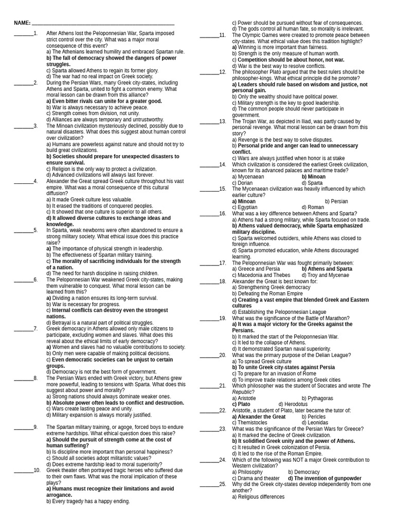 Assessment 2 - Greek Civilization With Key | PDF | Ancient Greece ...