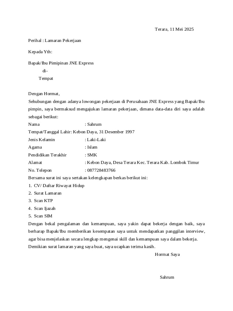 Surat Lamaran JNE Express | PDF