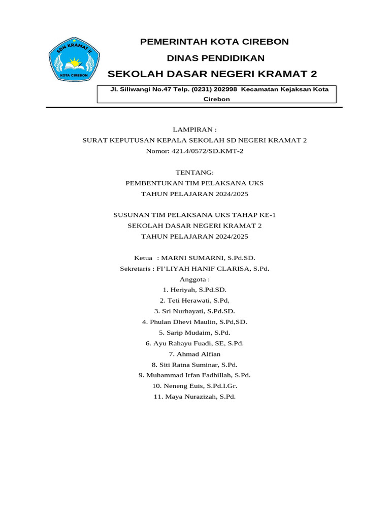 Pembentukan Tim UKS SD Kramat 2 | PDF