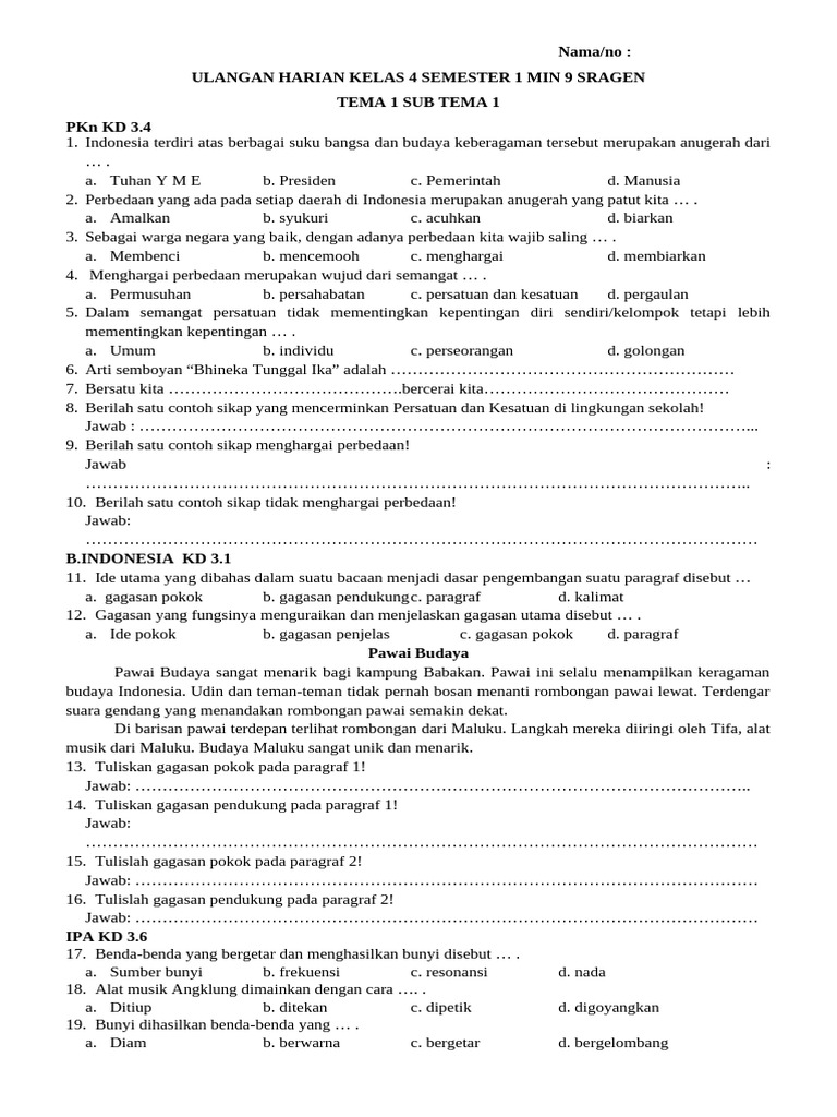 Ulangan Harian Tema 1 Sub Tema 1 2018 | PDF