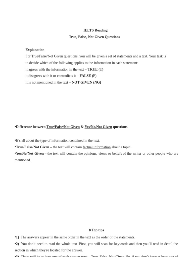 TRUE FALSE NG IELTS Reading | PDF | Knowledge | Epistemology