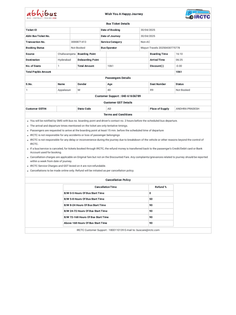 Bus Ticket Details for Hyderabad Journey | PDF | Banking Technology ...