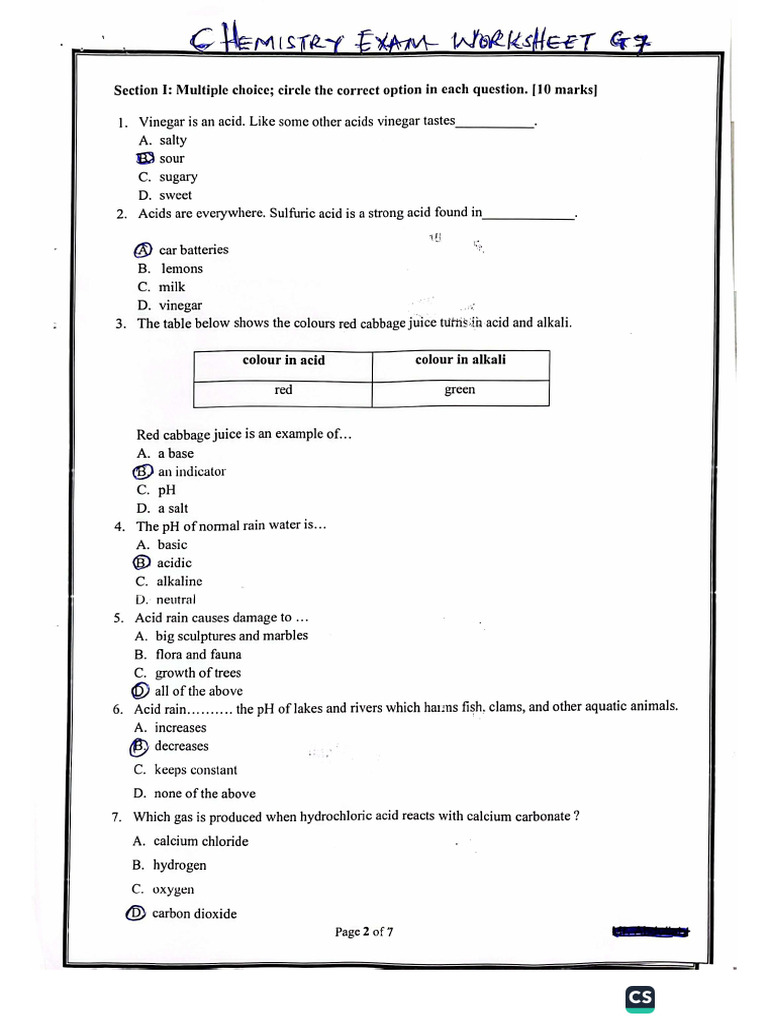 G7 Chemistry Exam WS Answer Key | PDF