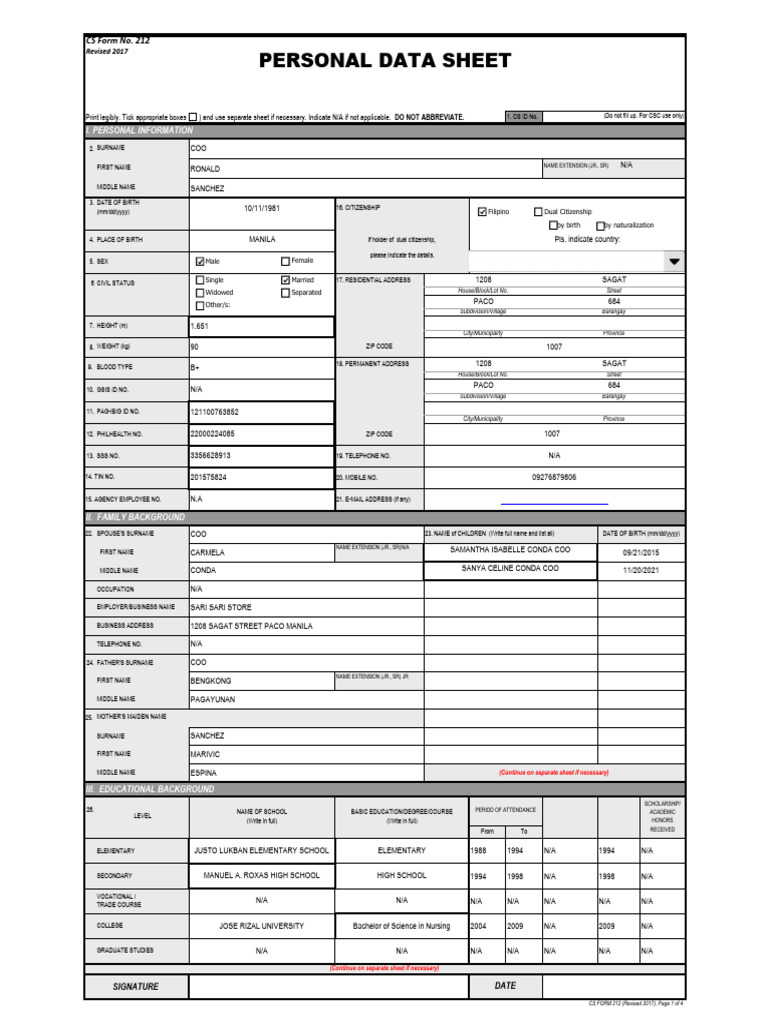 9.1 Accomplished PDS (CSC Form No 212) PAGE 1 | PDF
