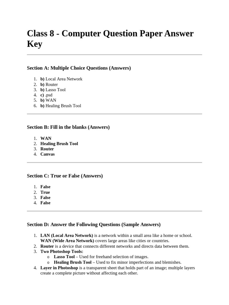 Class 8 Set 1 Computer Answer Key | PDF