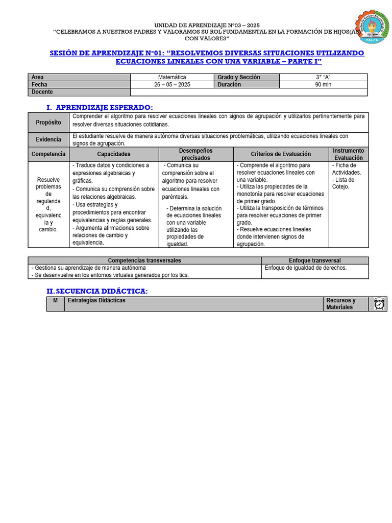 3°-SESION 1-UA3 - 2025 | PDF | Ecuaciones | Aprendizaje