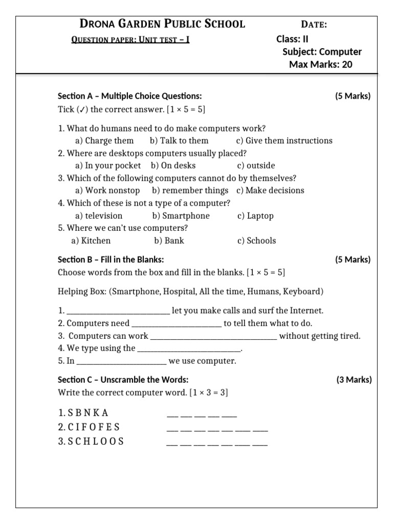 Grade 2 Computer Question Paper Drona Garden Public School | PDF ...